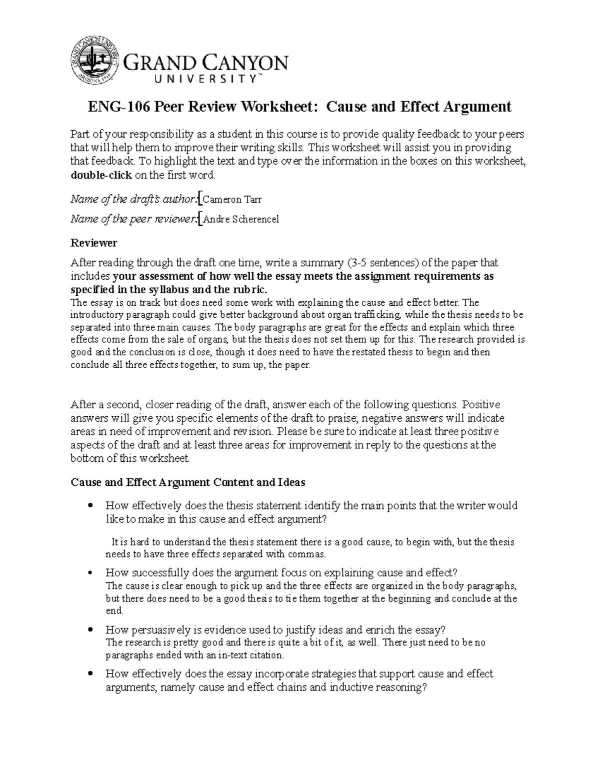 ENG-106 Peer Review Worksheet: Cause and Effect Argument Feedback - Studocu