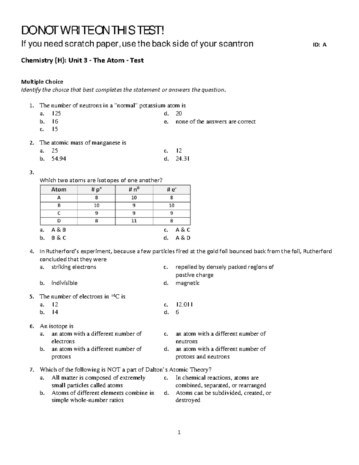 Unit 3 Exam (Chemistry H): The Atom Test - Multiple Choice Questions ...