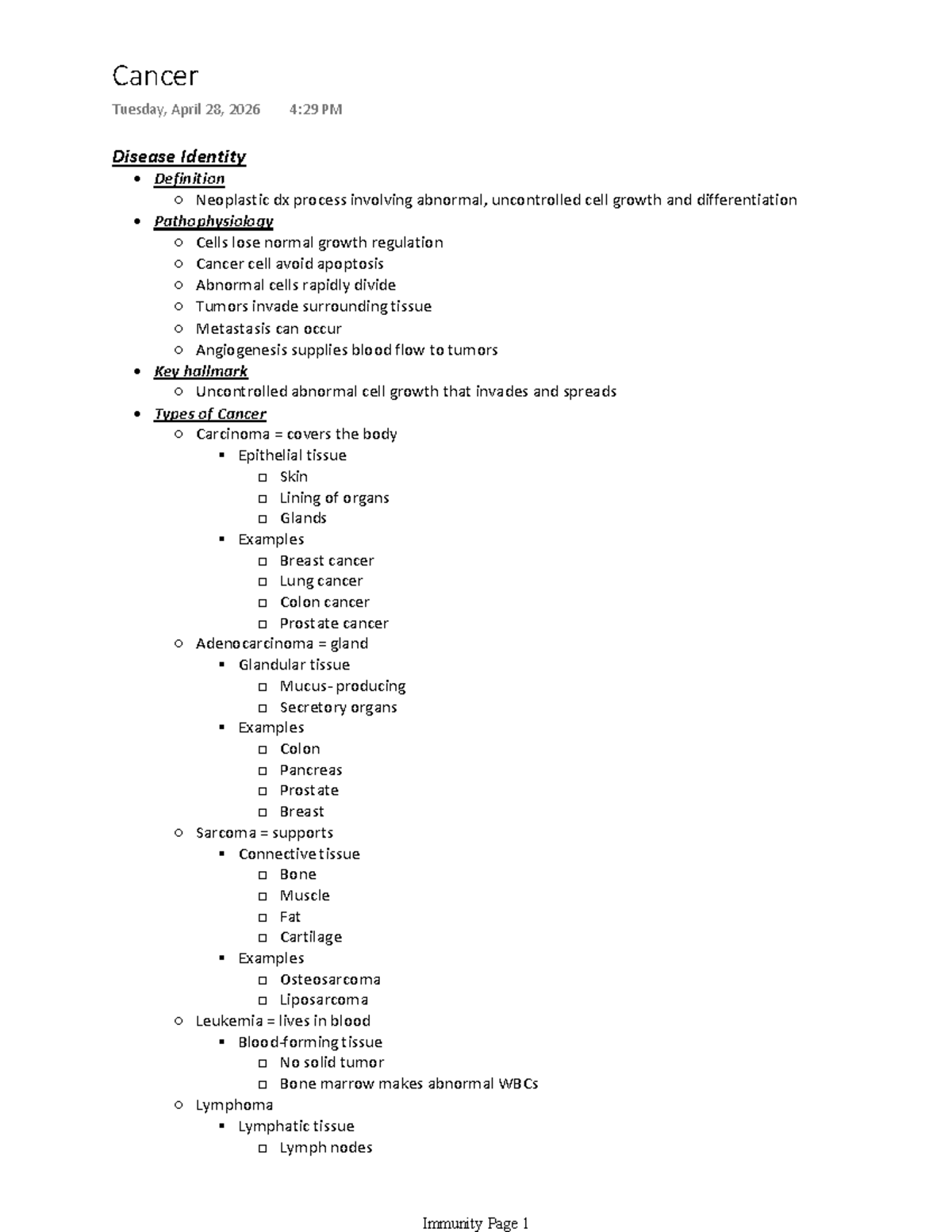 Cancer Pathophysiology and Types Overview - Studocu