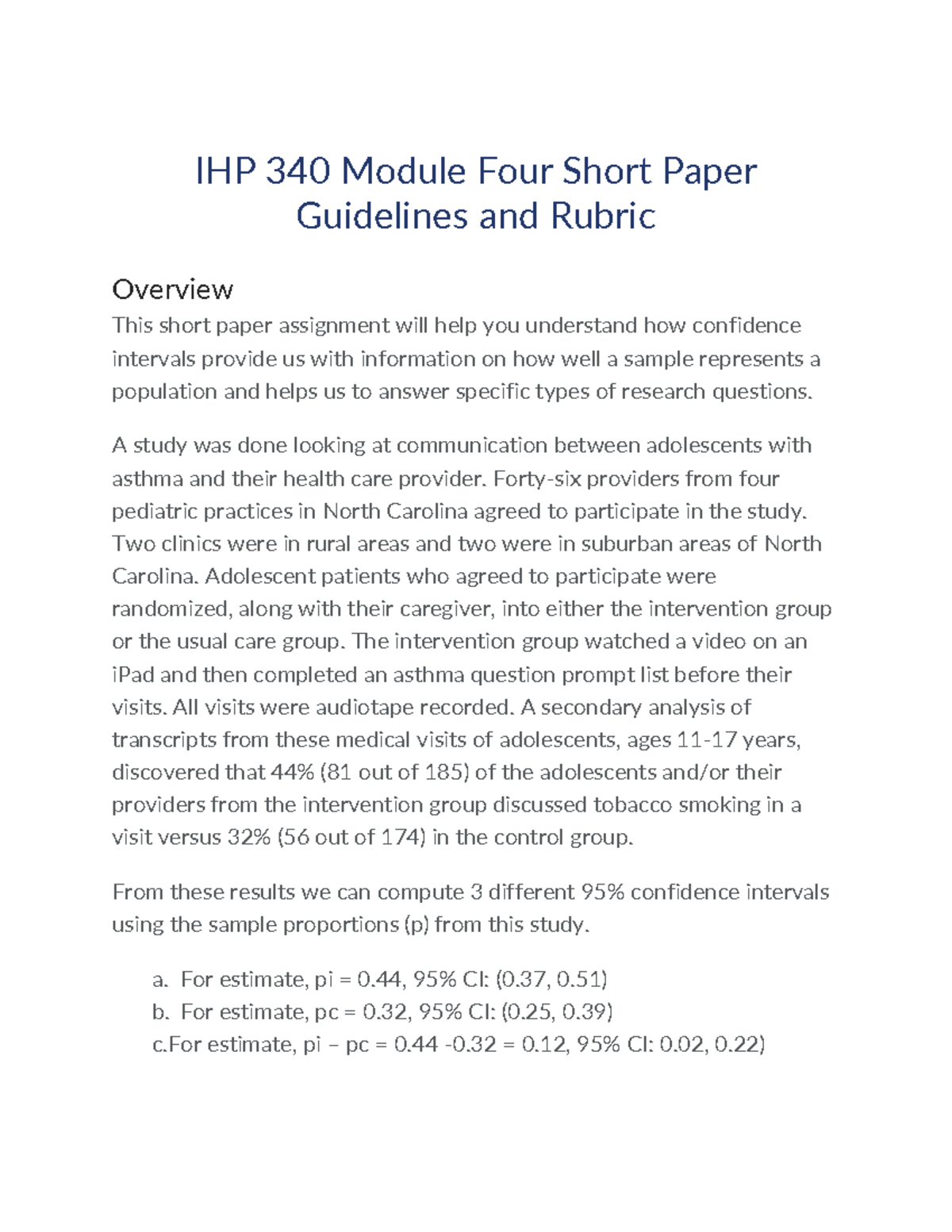 IHP 340 Module 4 Short Paper: Confidence Intervals in Adolescent Asthma ...