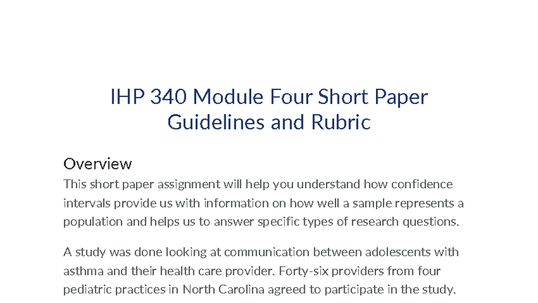 IHP 340 Module 4 Short Paper: Confidence Intervals in Adolescent Asthma ...
