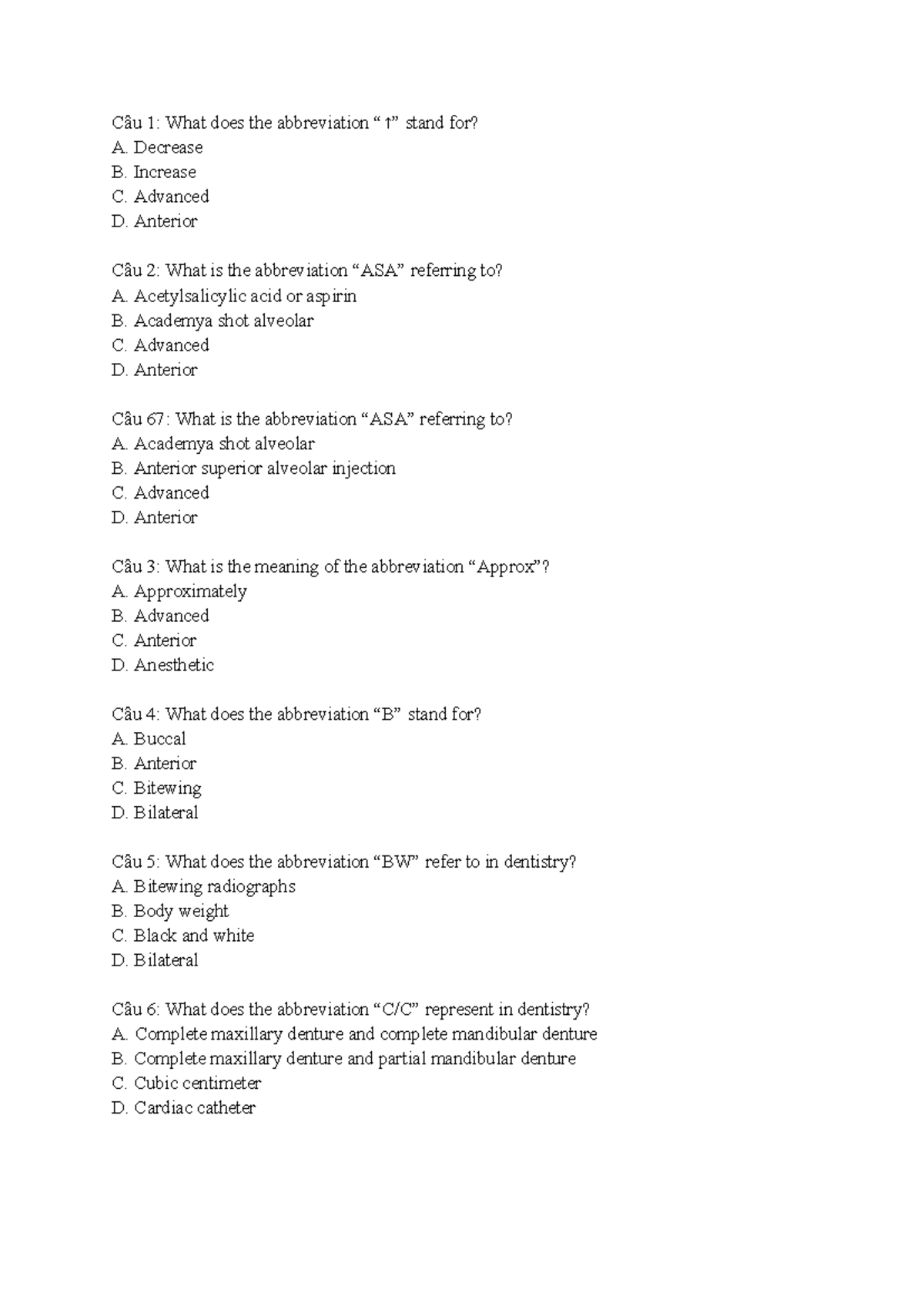 Quiz on Abbreviations and Medical Terminology (Course Code: 65) - Studocu