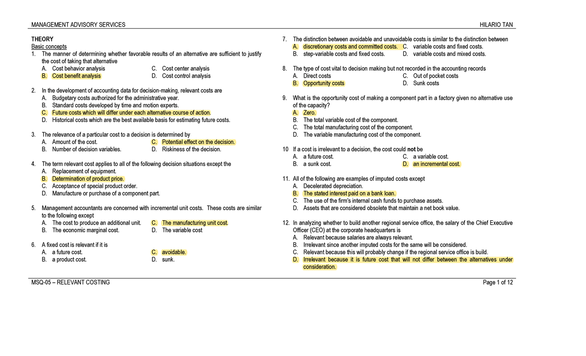 Relevant Costing Review Notes - MAS 101 - Studocu