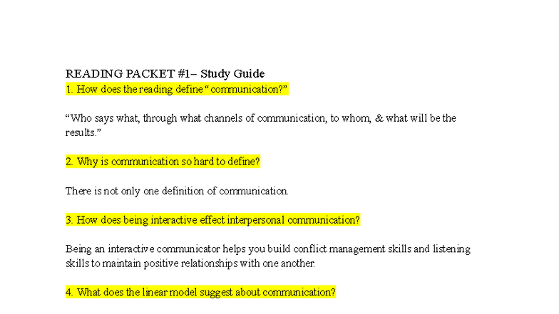 Actual Reading Packet 1: Communication Models Study Guide - Studocu