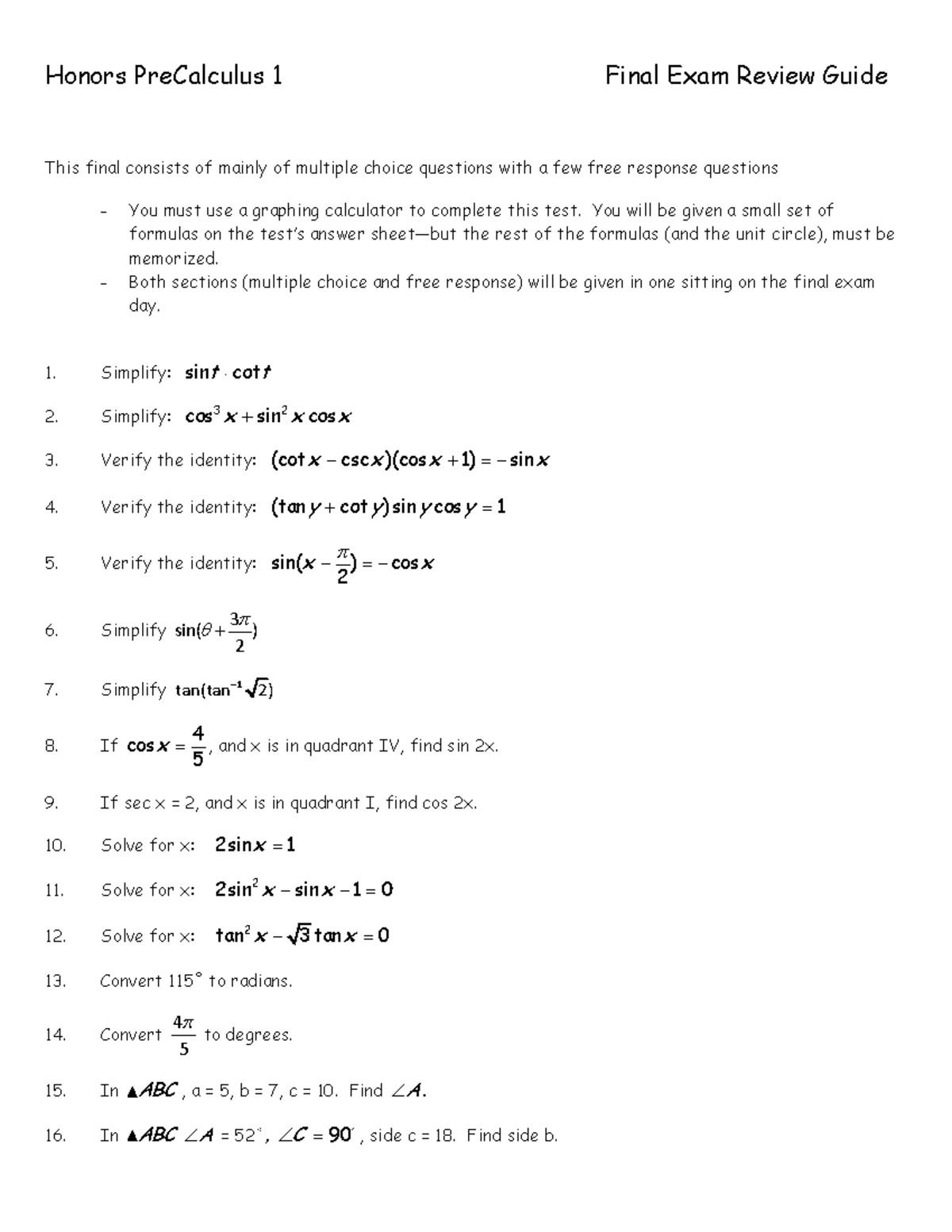 Honors PreCalculus 1 final exam review guide 2016 - Studocu
