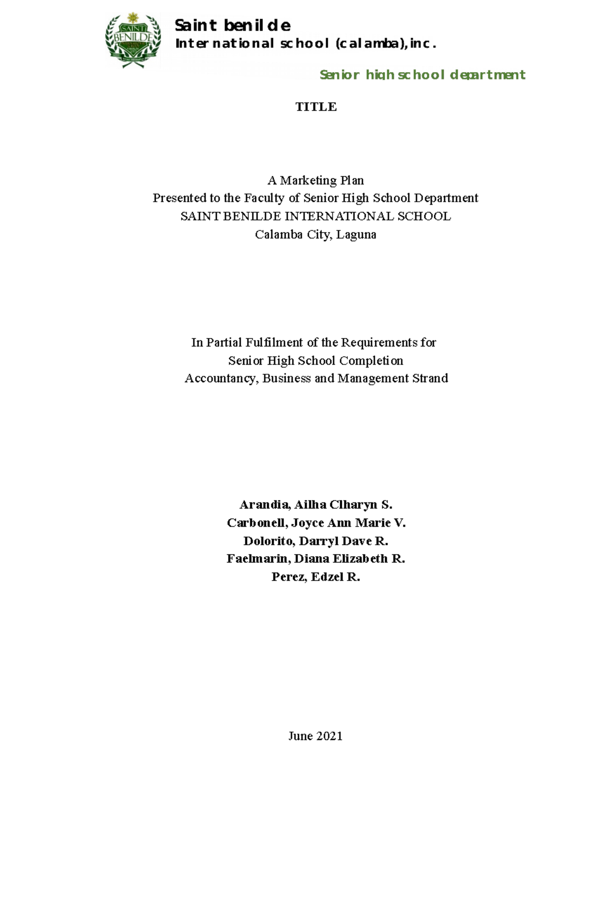 ABM Marketing Plan Template for Senior High School Completion - Studocu