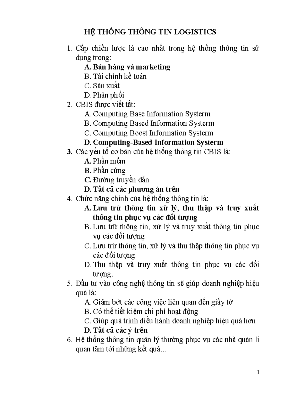 TRẮC NGHIỆM HỆ THỐNG THÔNG TIN LOGISTICS (HTTT) - Studocu