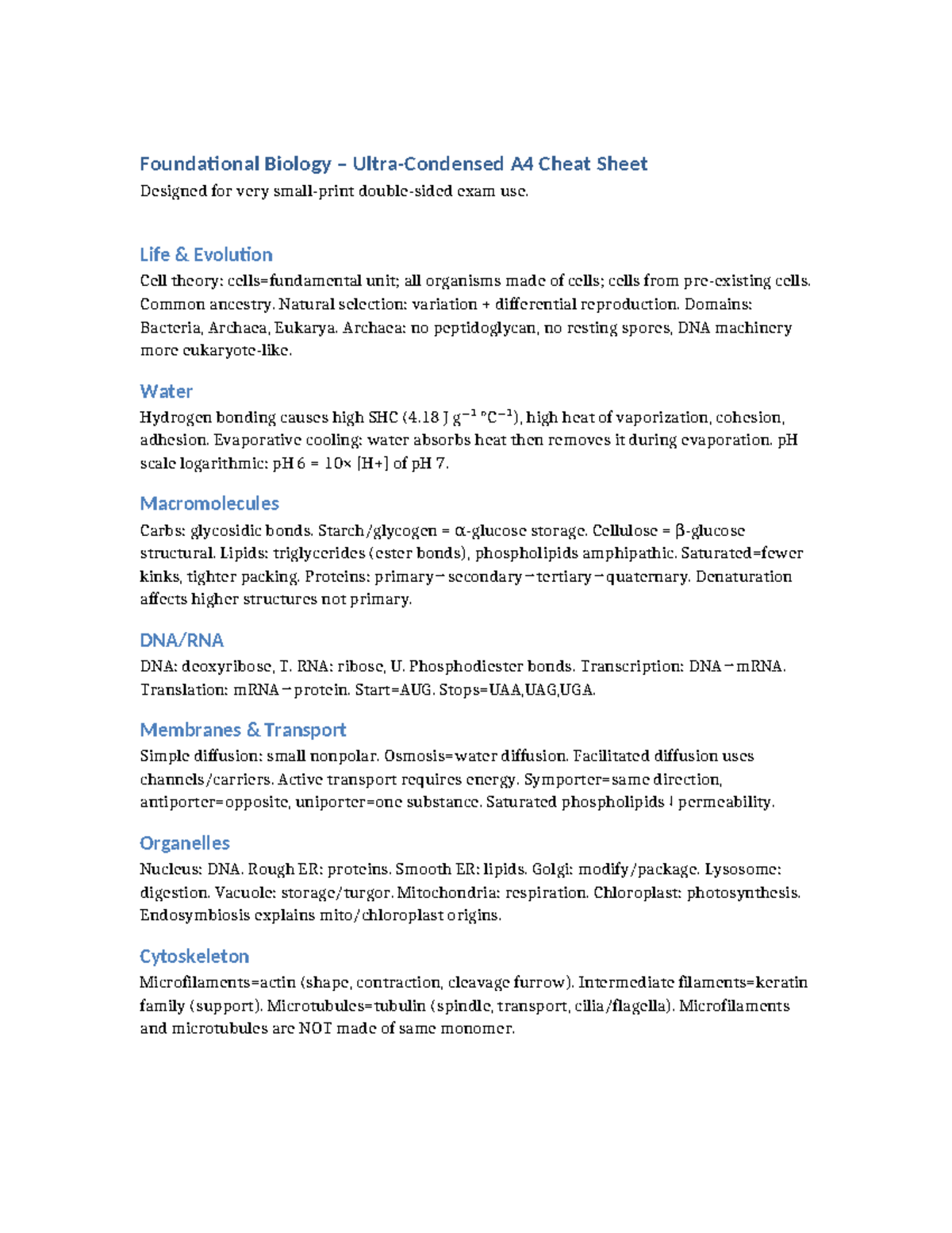 Foundational Biology A4 Cheat Sheet for Exam Preparation - Studocu