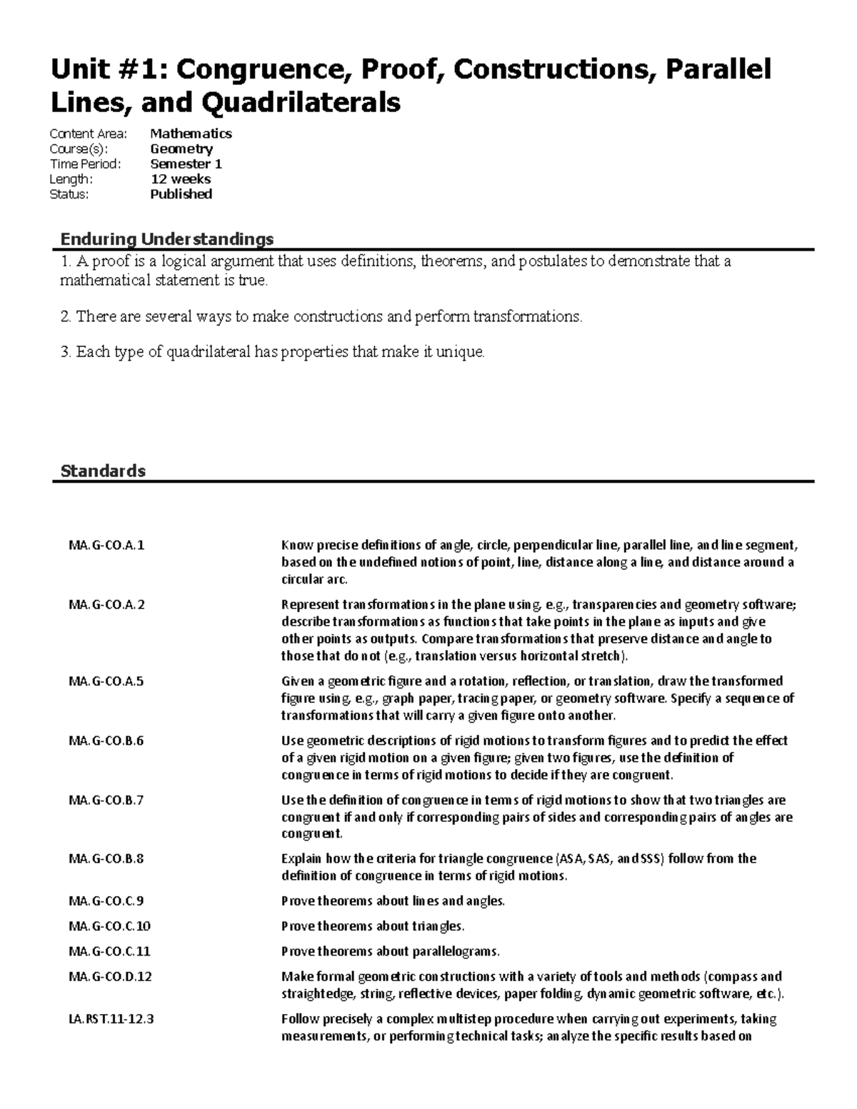 Geometry Unit 1: Congruence, Proofs, and Quadrilaterals - Studocu
