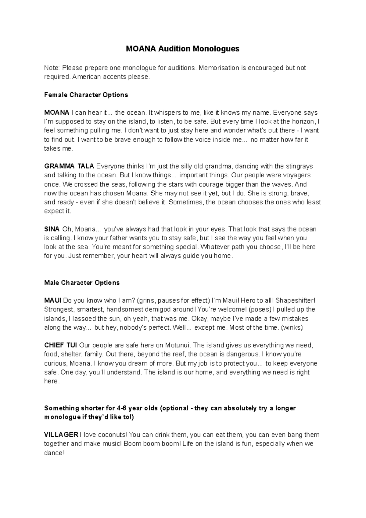 MOANA Audition Monologues for Female & Male Characters - Studocu