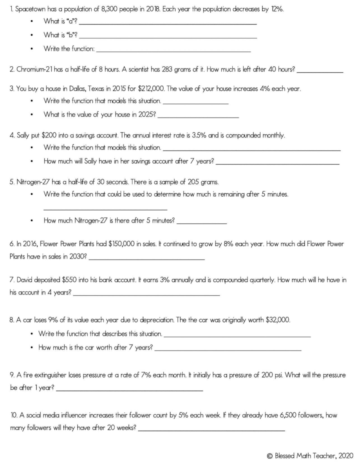 Alg 2 - Exponential Function Real World Practice Problems - Studocu