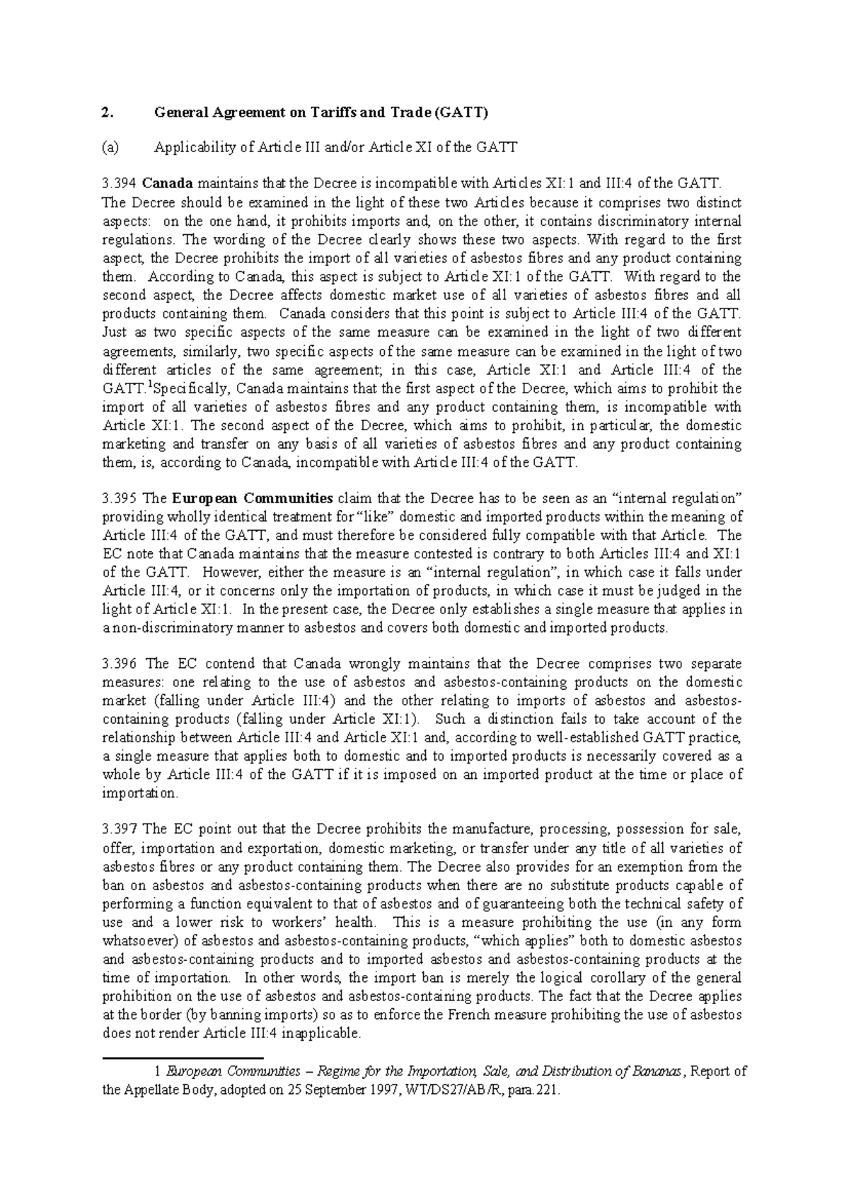 GATT Article XI: Analysis of Canada's Asbestos Import Decree - Studocu