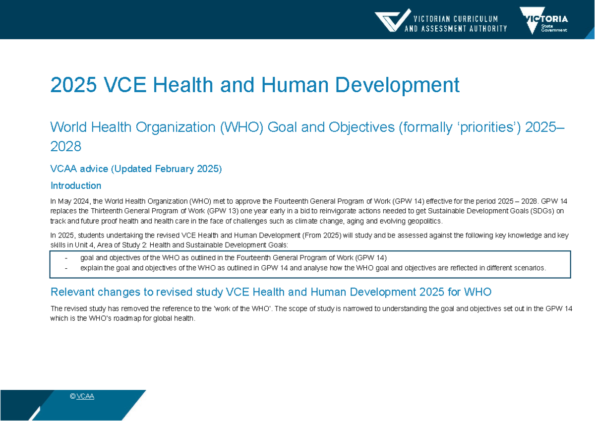 VCE Health & Human Development 2025: WHO Goals & Objectives - Studocu