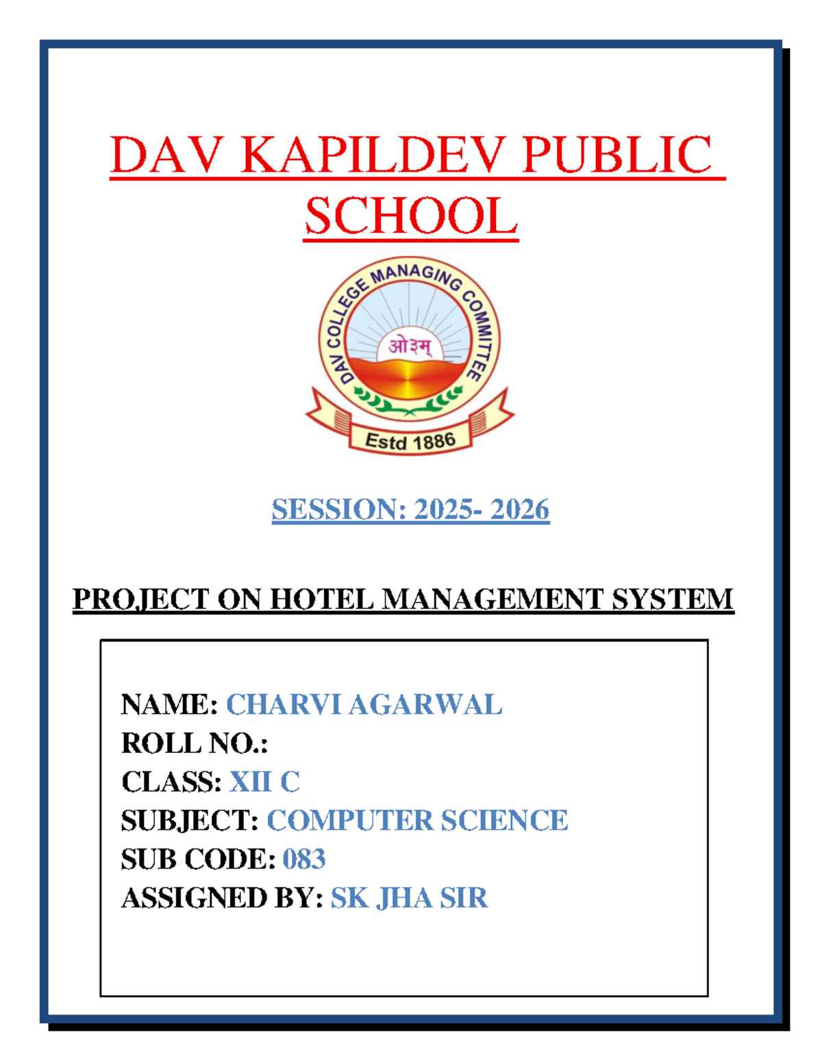 Hotel Management System Project - Class XII C (CS 083) - Studocu