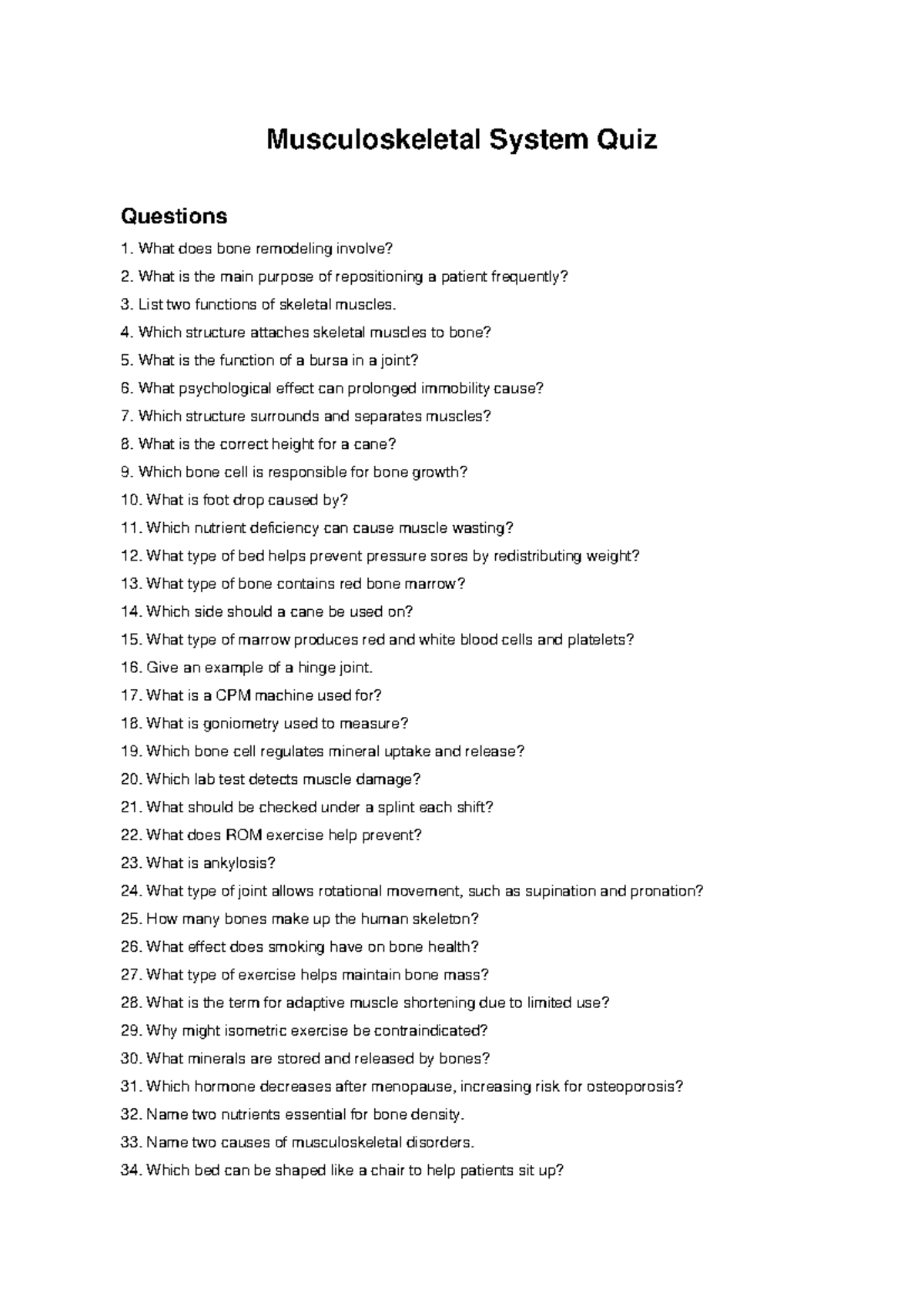 Musculoskeletal System Quiz Questions and Answers - Studocu