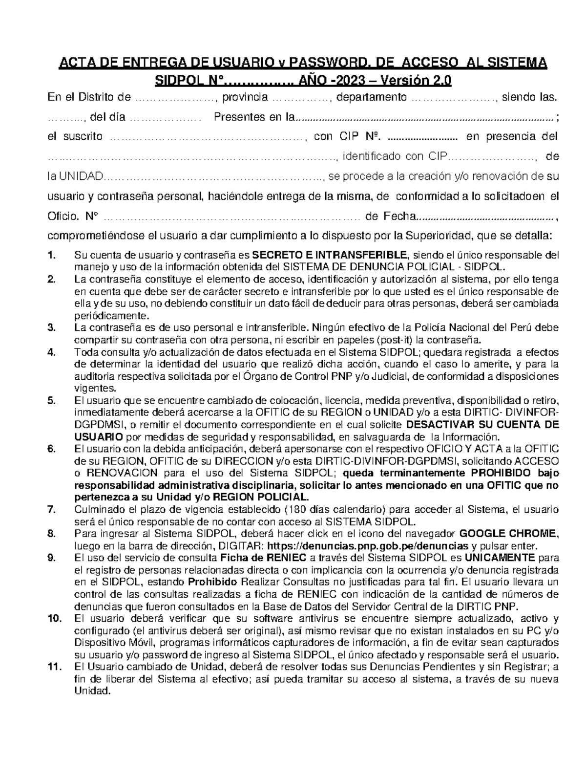 ACTA DE ENTREGA DE USUARIO Y PASSWORD - SIDPOL 2023 Versión 2.0 - Studocu