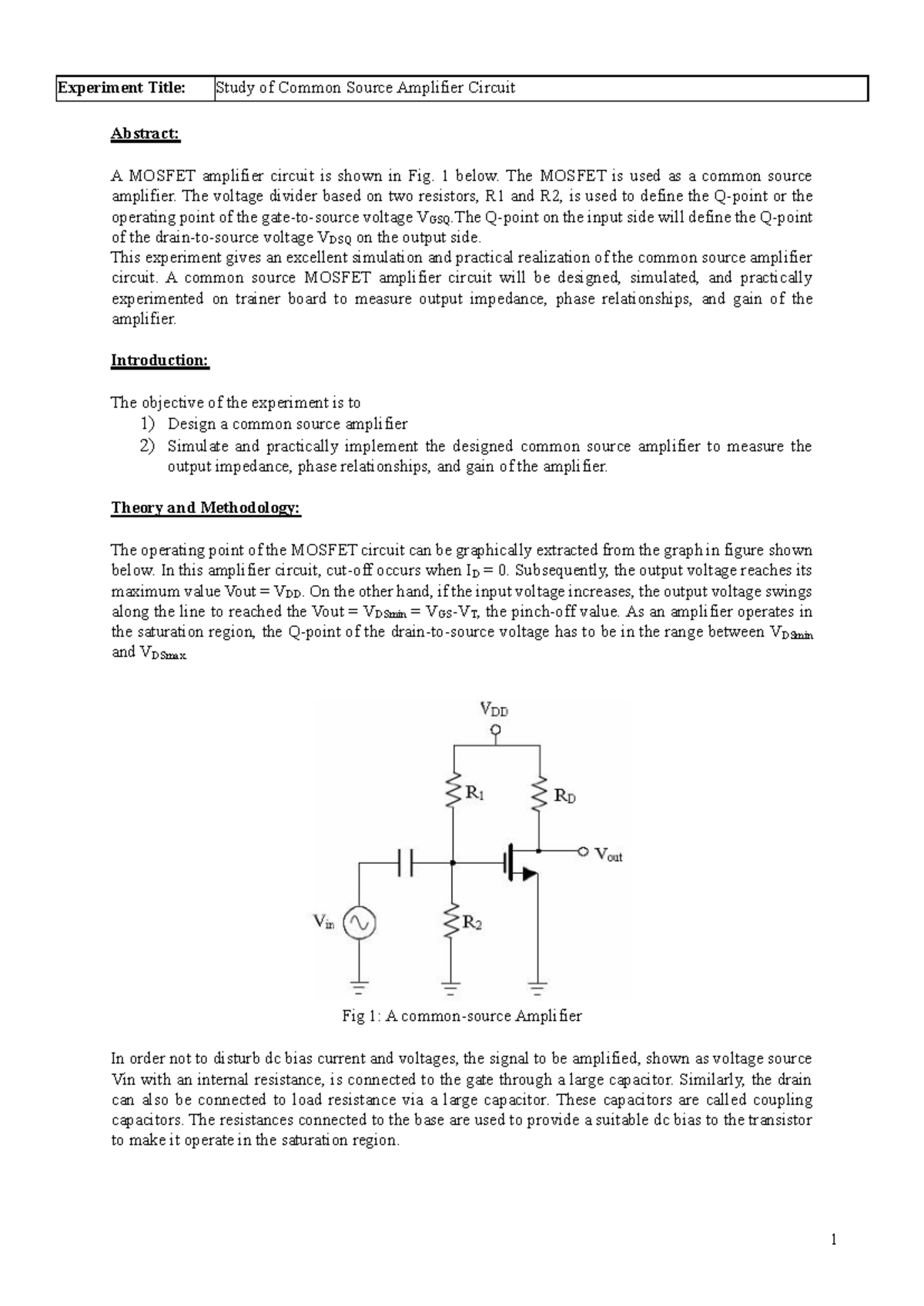 Analog Lab Report: Common Source Amplifier Experiment - Studocu