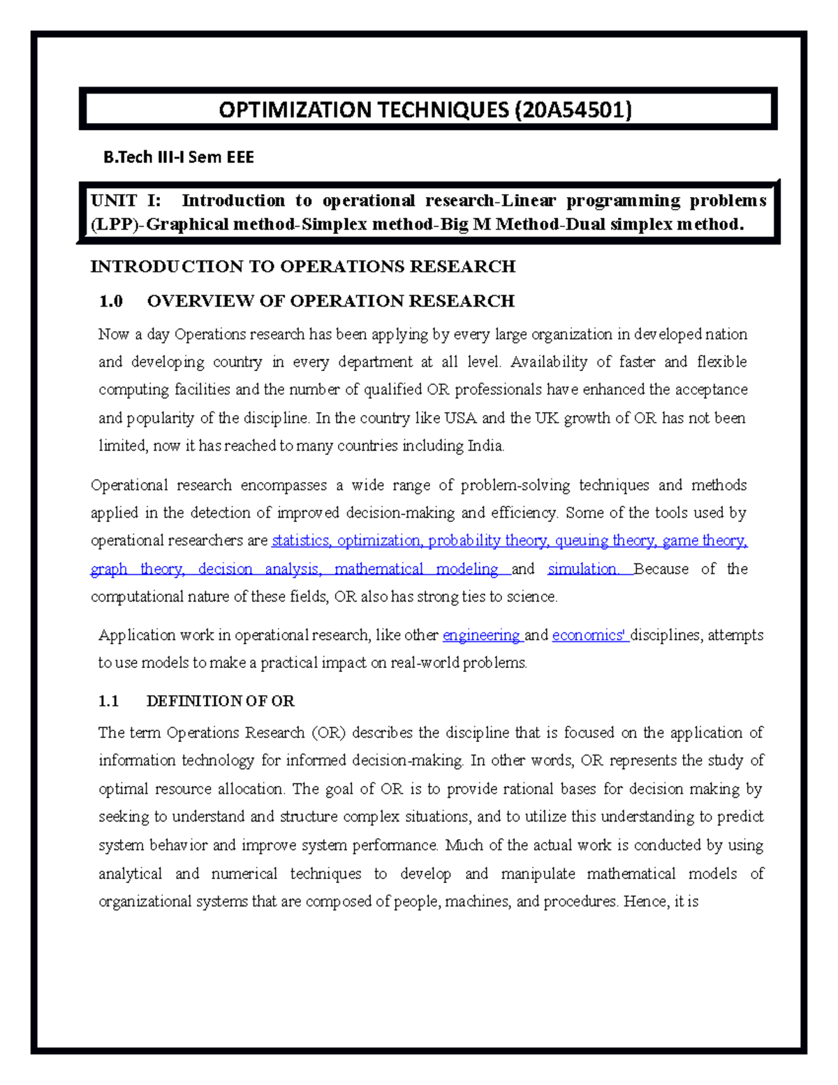 Optimization Techniques-UNIT-I - OPTIMIZATION TECHNIQUES (20A54501) B ...