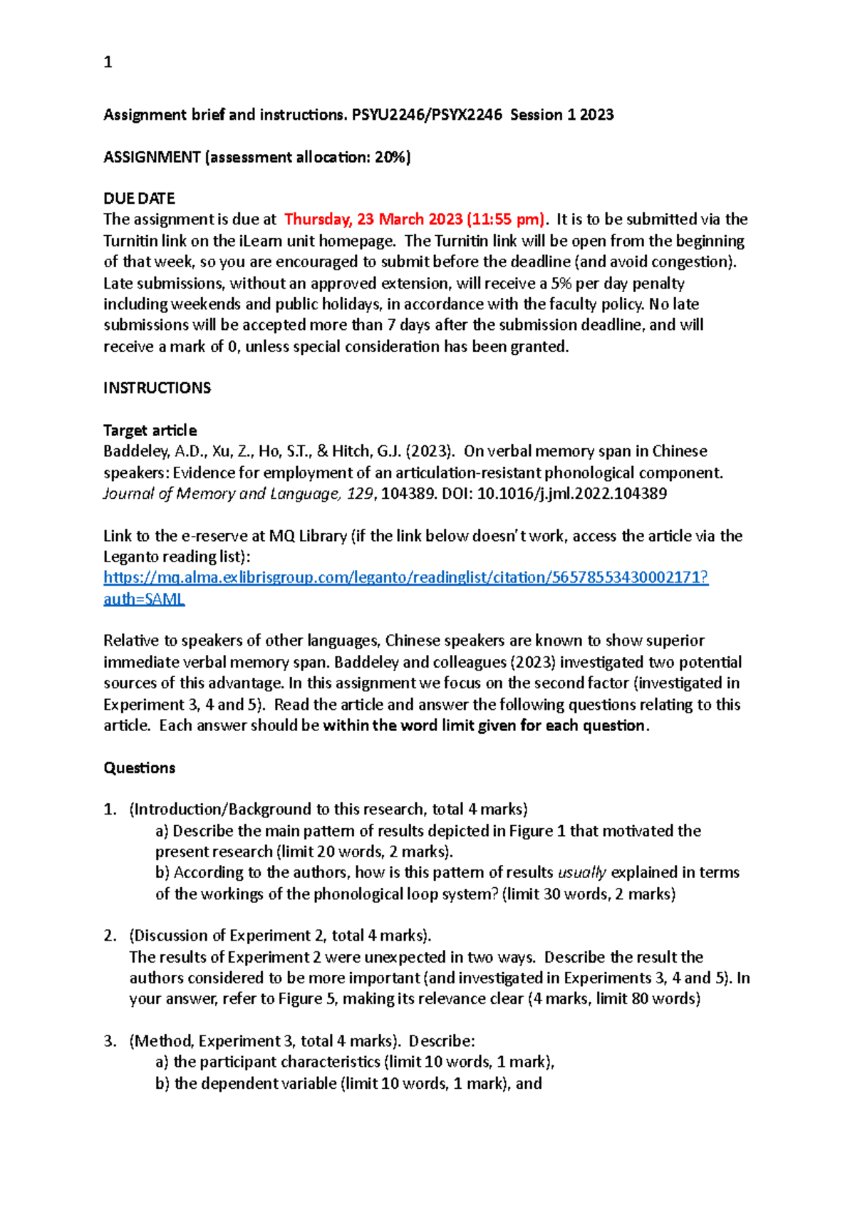 Assignment brief and instructions 2023 - PSYU2246/PSYX2246 Session 1 2023 ASSIGNMENT (assessment ...