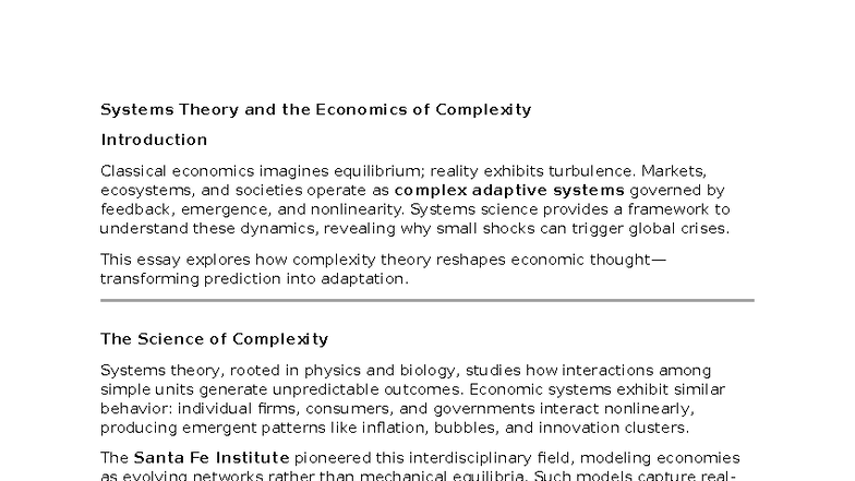 Systems Theory & Complexity Economics: An Interdisciplinary Essay - Studocu