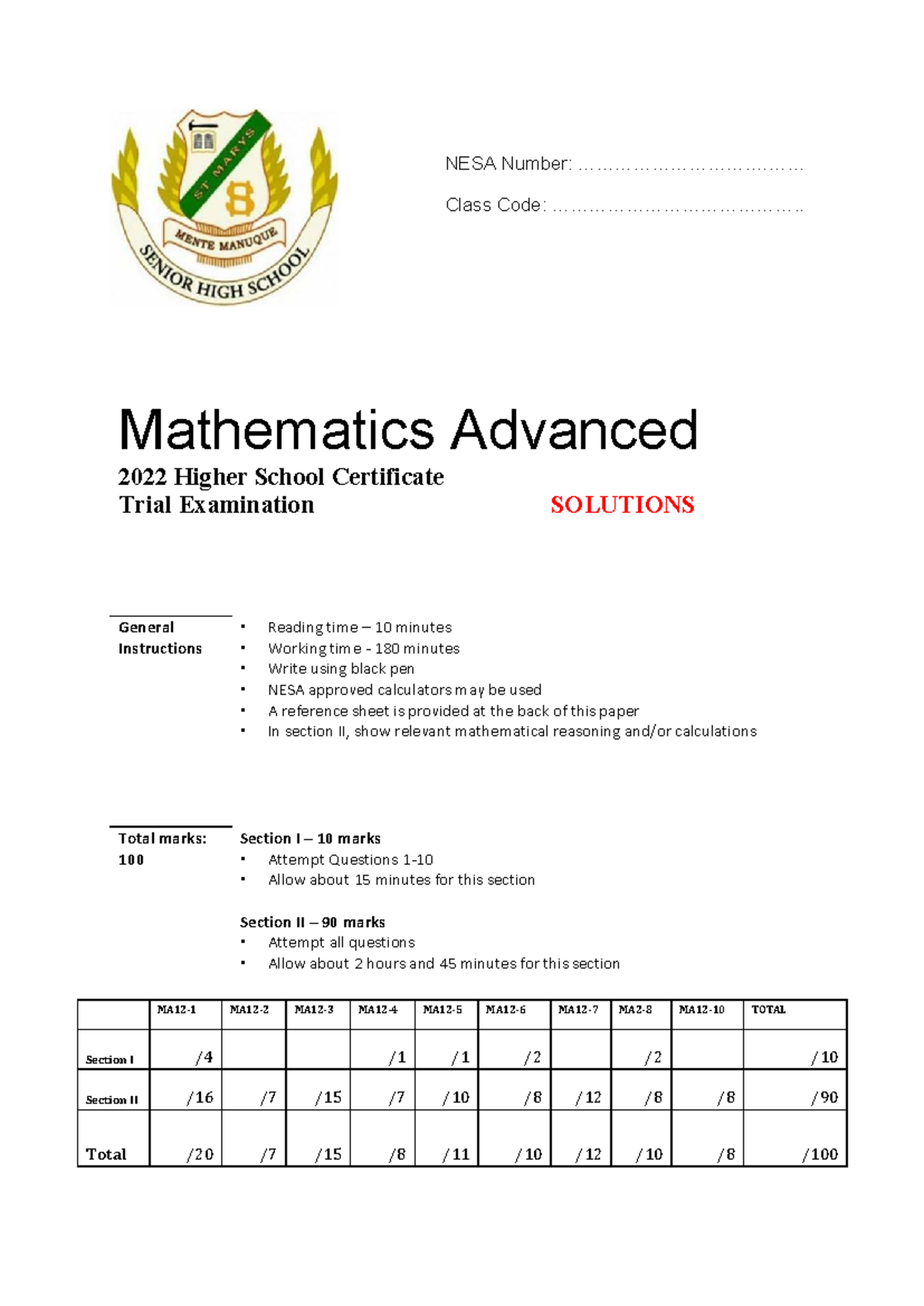 12MAT Higher School Certificate Trial Exam Solutions - Studocu