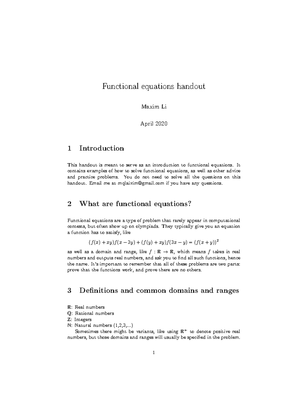 Functional Equations Handout - Introduction and Examples - Studocu