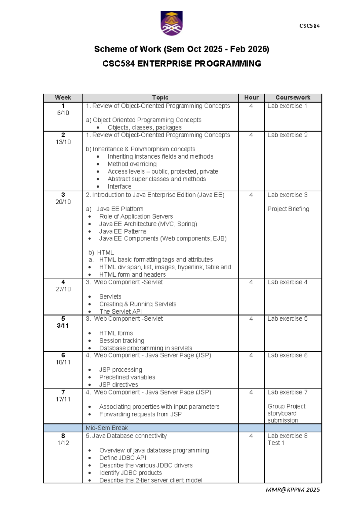 SOW 584 - Scheme of Work for Enterprise Programming (Oct 2025 - Feb 2026) - Studocu