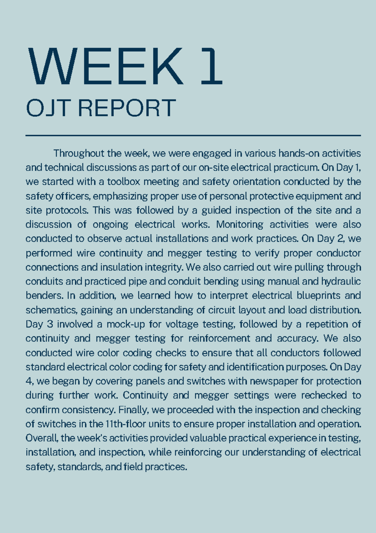 WEEK 1 OJT Report: Electrical Practicum Activities and Insights - Studocu
