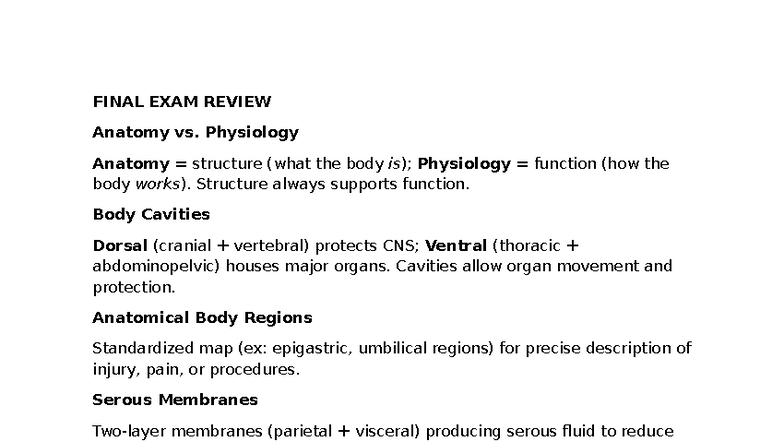 FINAL EXAM REVIEW: ANATOMY & PHYSIOLOGY COMPARISON - Studocu