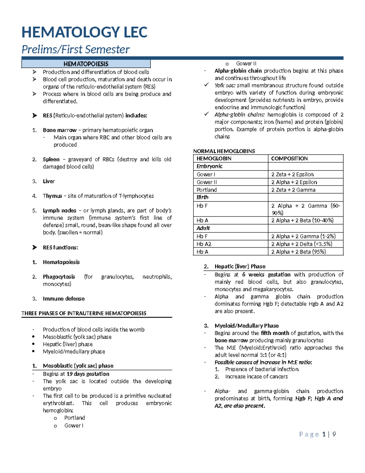 HEMATOLOGY LEC Prelims: Hematopoiesis & RBC Parameters - Studocu
