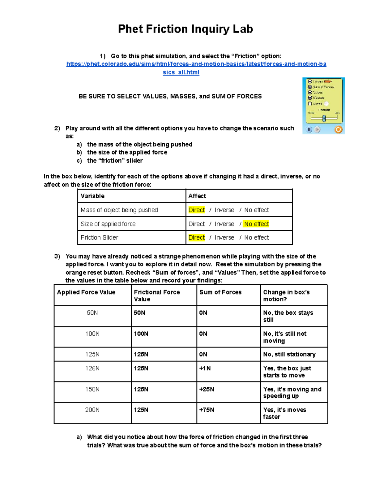 Phet Friction Inquiry Lab: Exploring Forces and Friction Effects - Studocu
