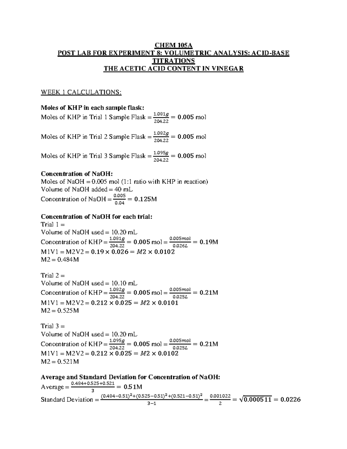 Post lab exp 8 - Post Lab report for experiment 8 - CHEM 105A POST LAB FOR EXPERIMENT 8 ...
