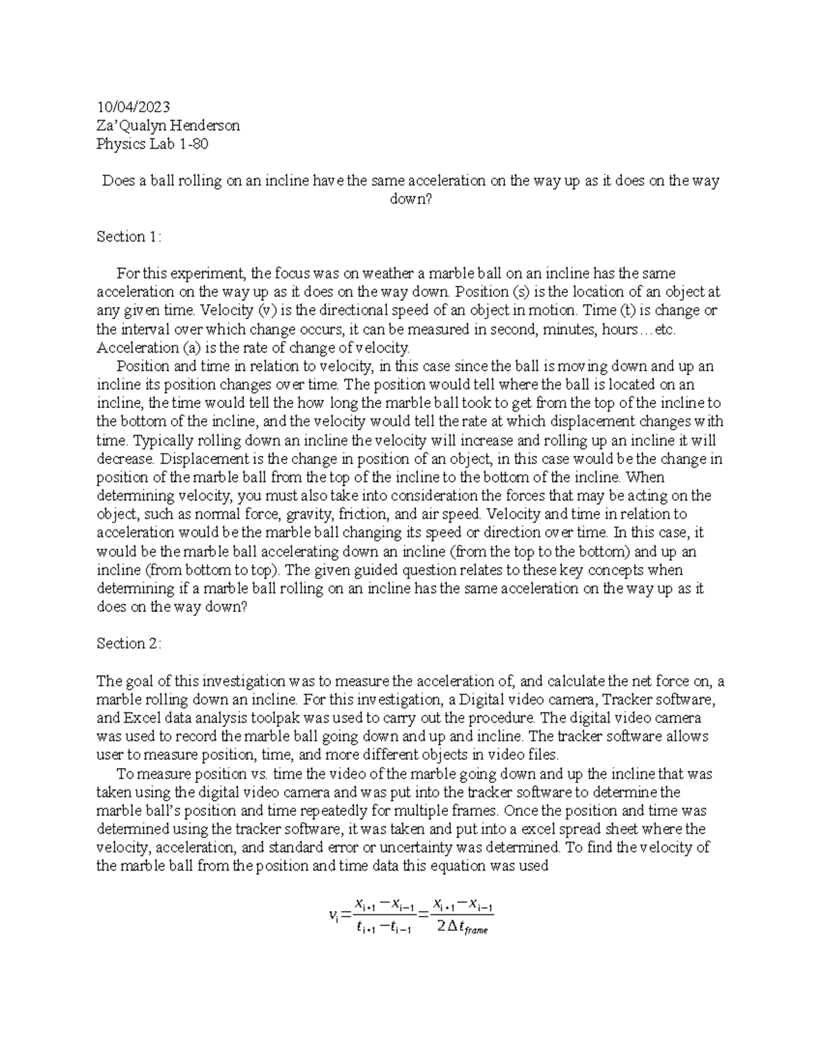 Physics Lab 2 Final: Acceleration of Marble on Inclined Plane - Studocu