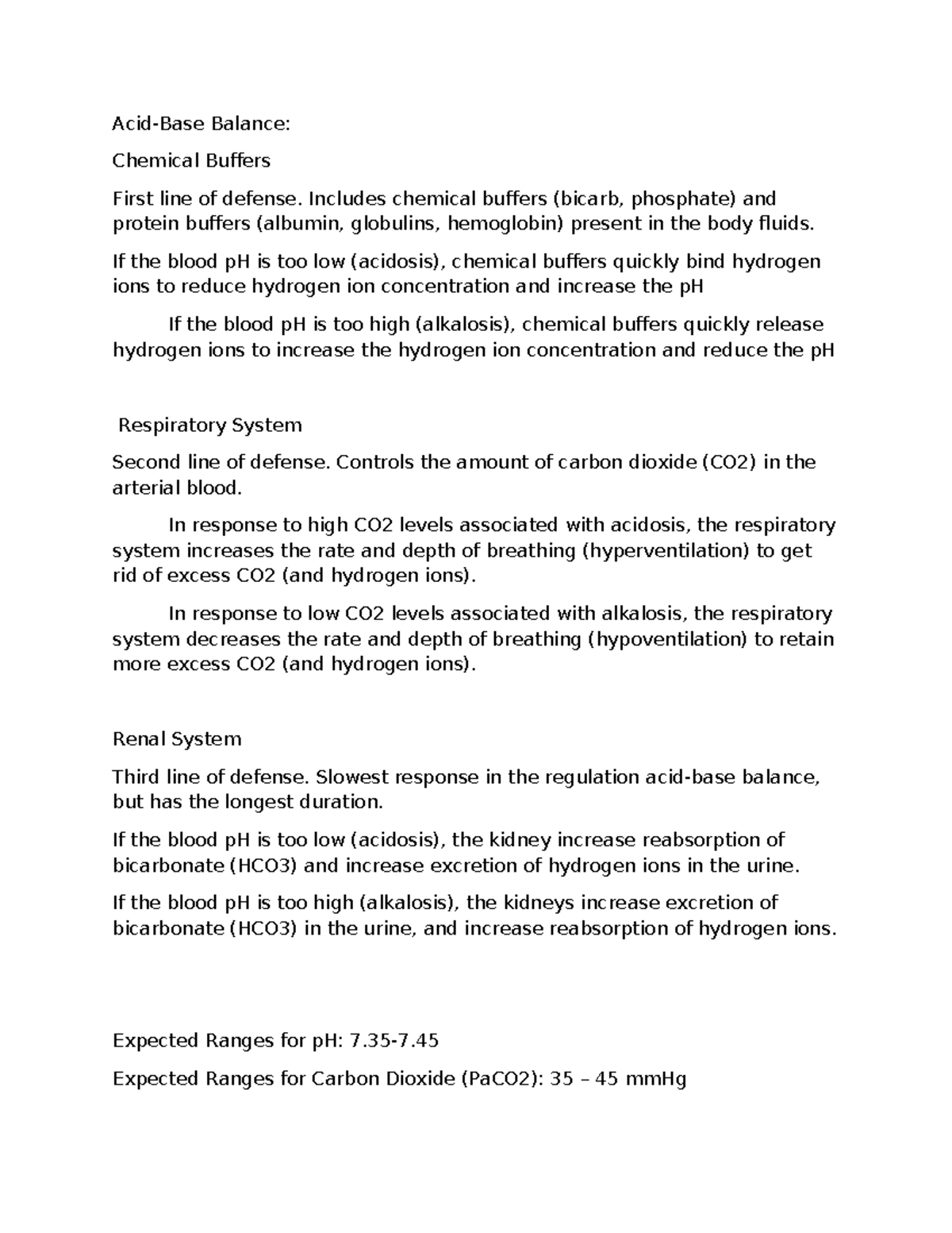 ABG cheat sheet - Acid-Base Balance: Chemical Buffers First line of defense. Includes chemical ...