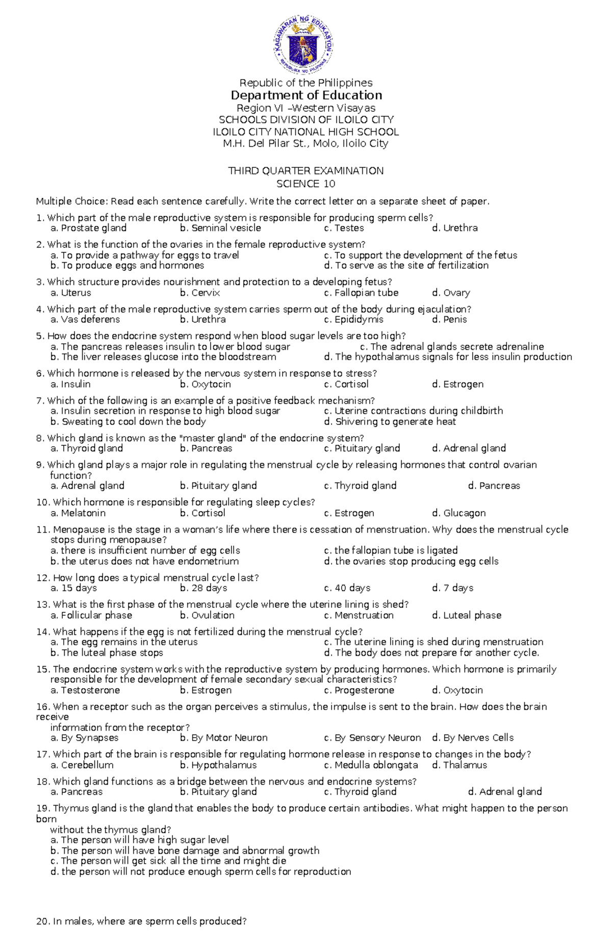 Third quarter exam menstrual - Republic of the Philippines Department ...