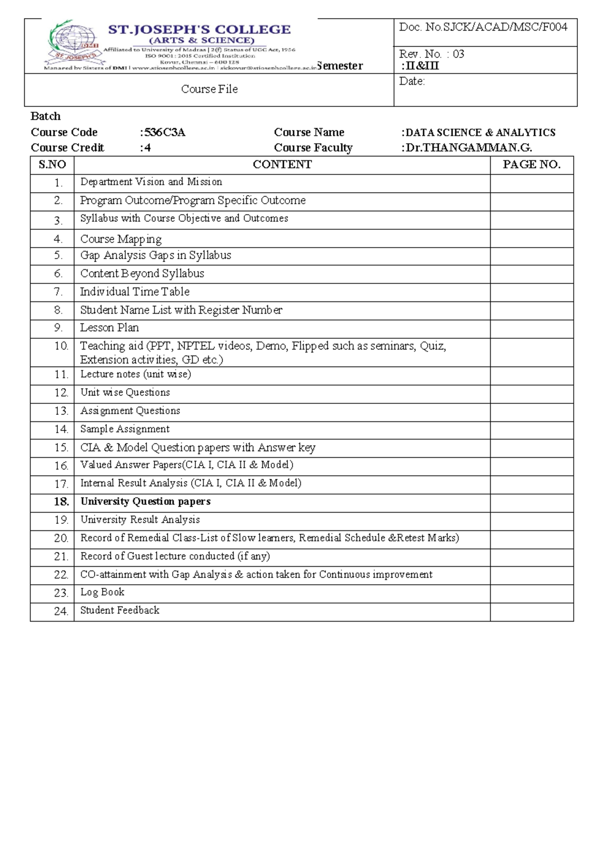 DATA SCIENCE & ANALYTICS Course File - Notes (Course Code: 536C3A ...