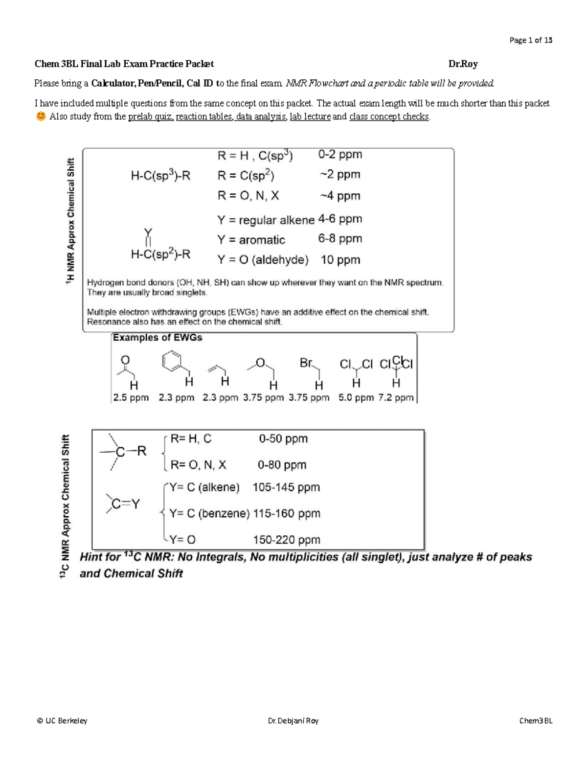 Chem 3BL Final Lab Exam Practice Packet - Dr. Roy - Studocu