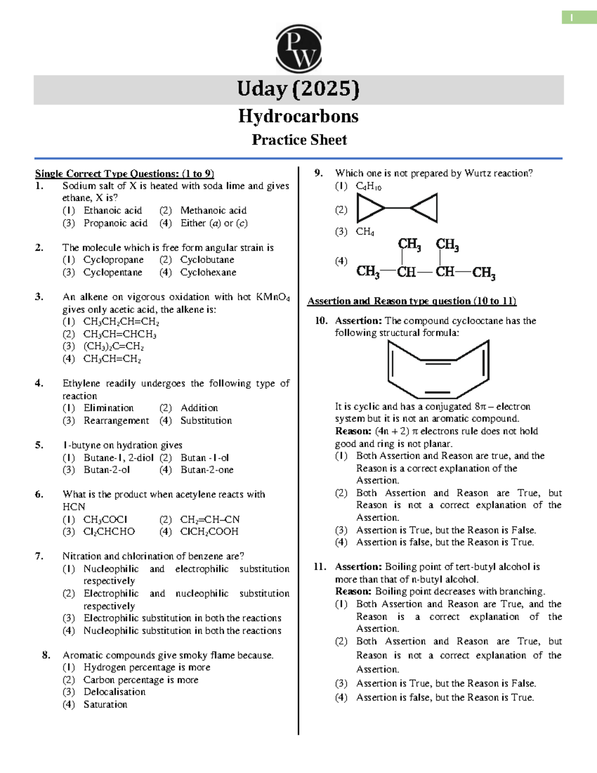 Hydrocarbons Practice Sheet: Single Correct Type Questions (1-20) - Studocu