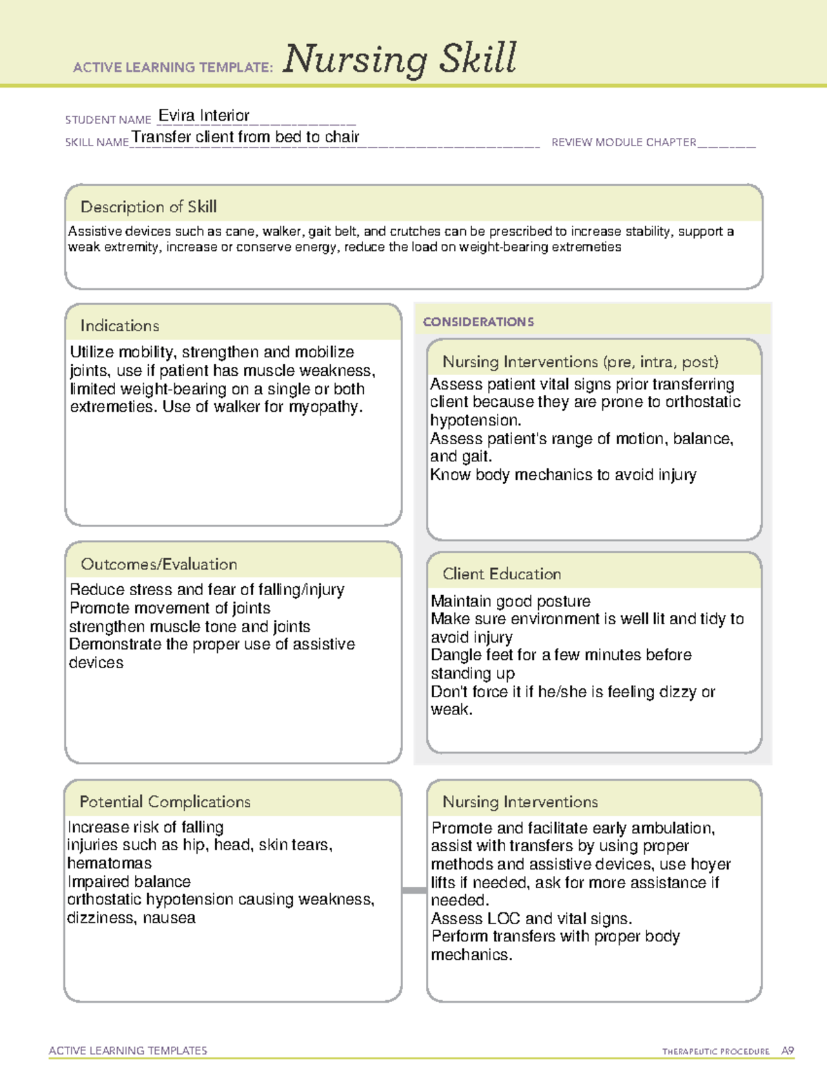 ALT Nursing Skill Transfer Template: Procedures & Considerations - Studocu