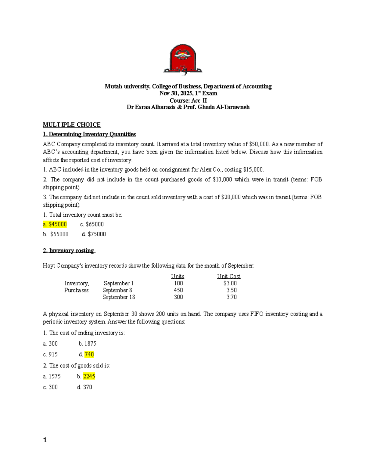 ACC II - 1st Exam Study Guide: Inventory Costing & Journal Entries ...