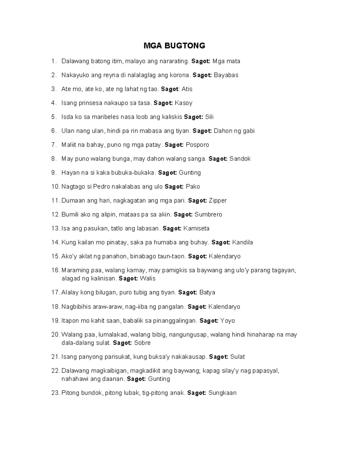 MGA- Bugtong - MGA BUGTONG Dalawang batong itim, malayo ang nararating ...