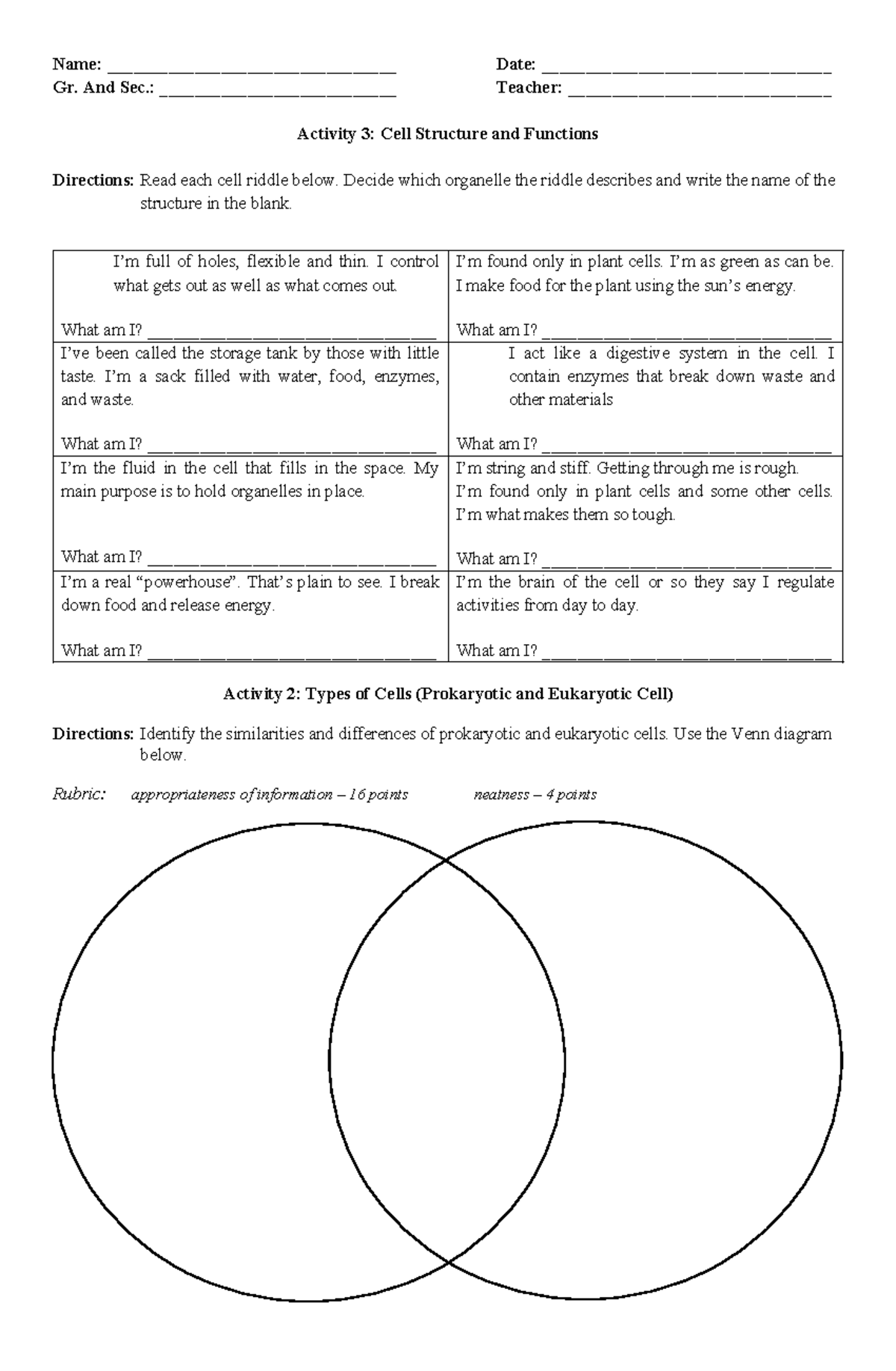 Activity and Quiz: Cell Structure & Functions (Bio 101) - Studocu