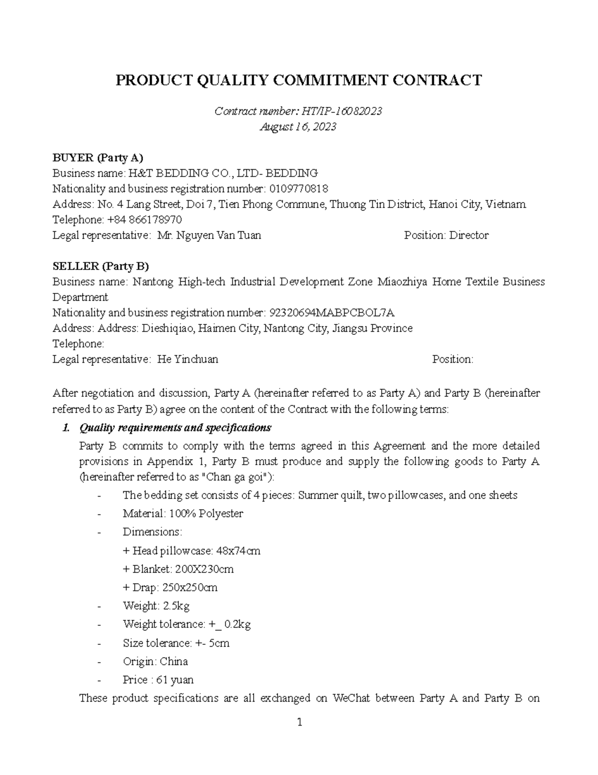 Product Quality Commitment Contract - HT/IP Final Agreement - Studocu