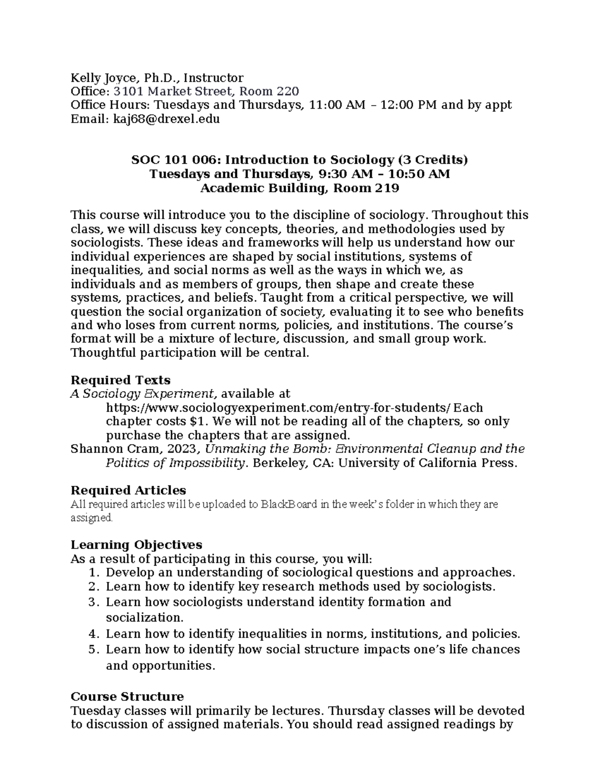 SOC101 006: Introduction to Sociology Syllabus 2025 - Studocu