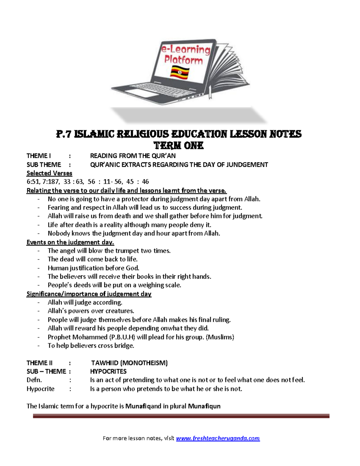 P.7 ISLAMIC Religious Education Lesson Notes - Term One & Two Overview ...