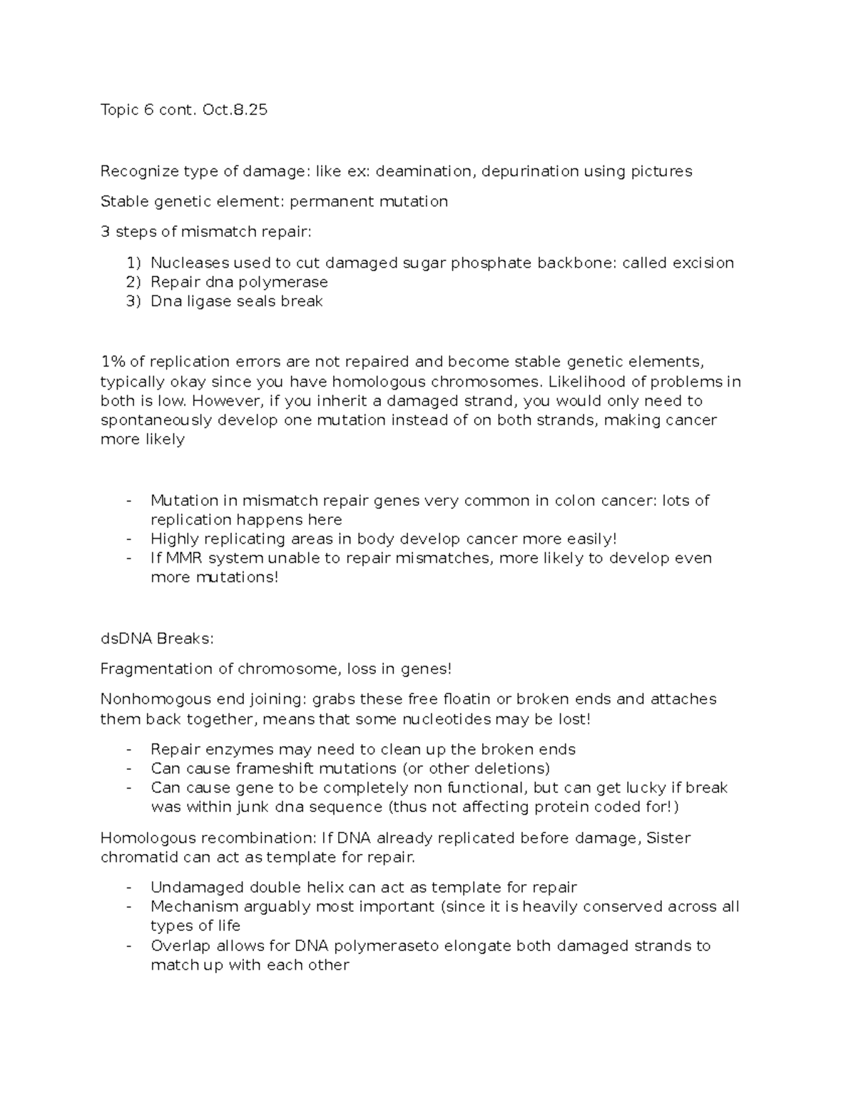 Cell Bio Topic 6: DNA Damage, Repair Mechanisms & Transcription ...