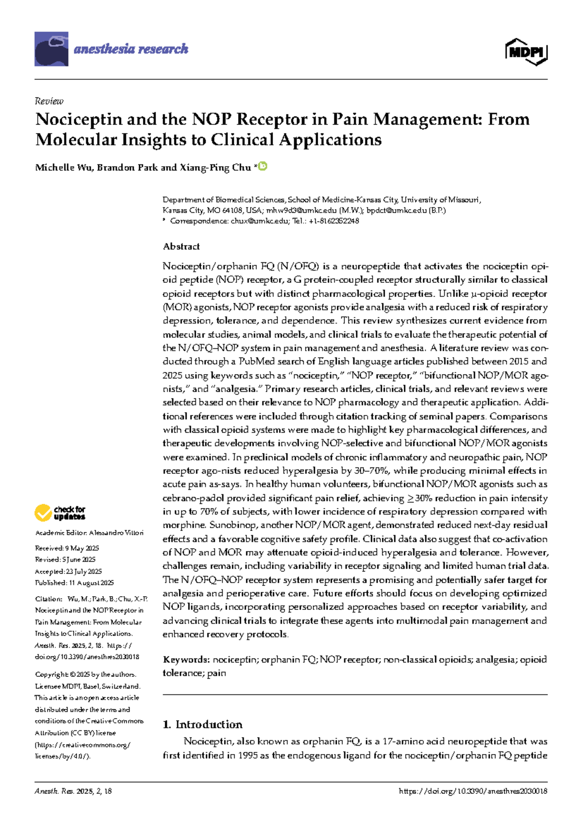 Nociceptin and NOP Receptor: Insights for Pain Management (Anesth. Res ...