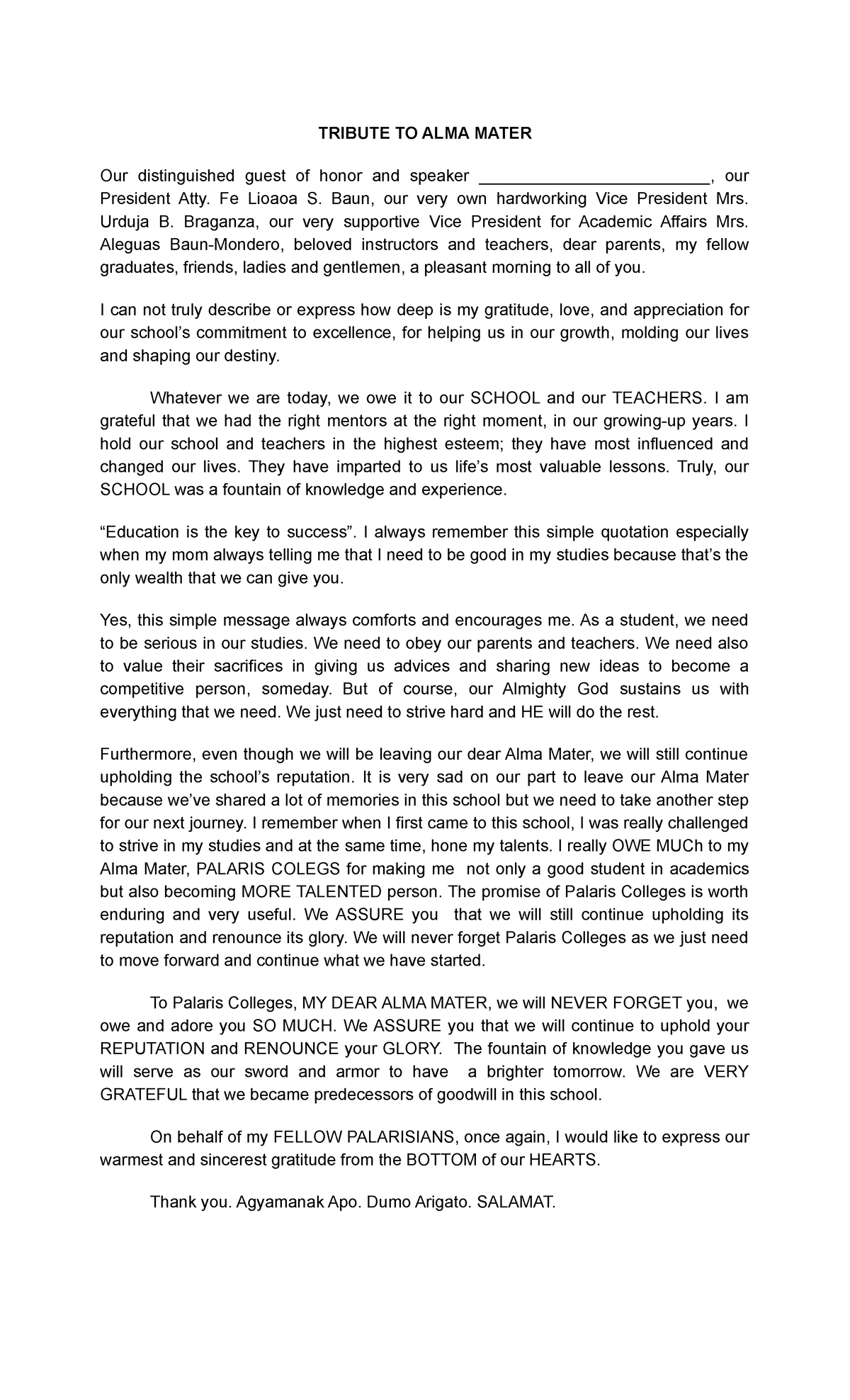 Tribute-TO-ALMA- Mater -Hannah-Gural - TRIBUTE TO ALMA MATER Our distinguished guest of honor ...