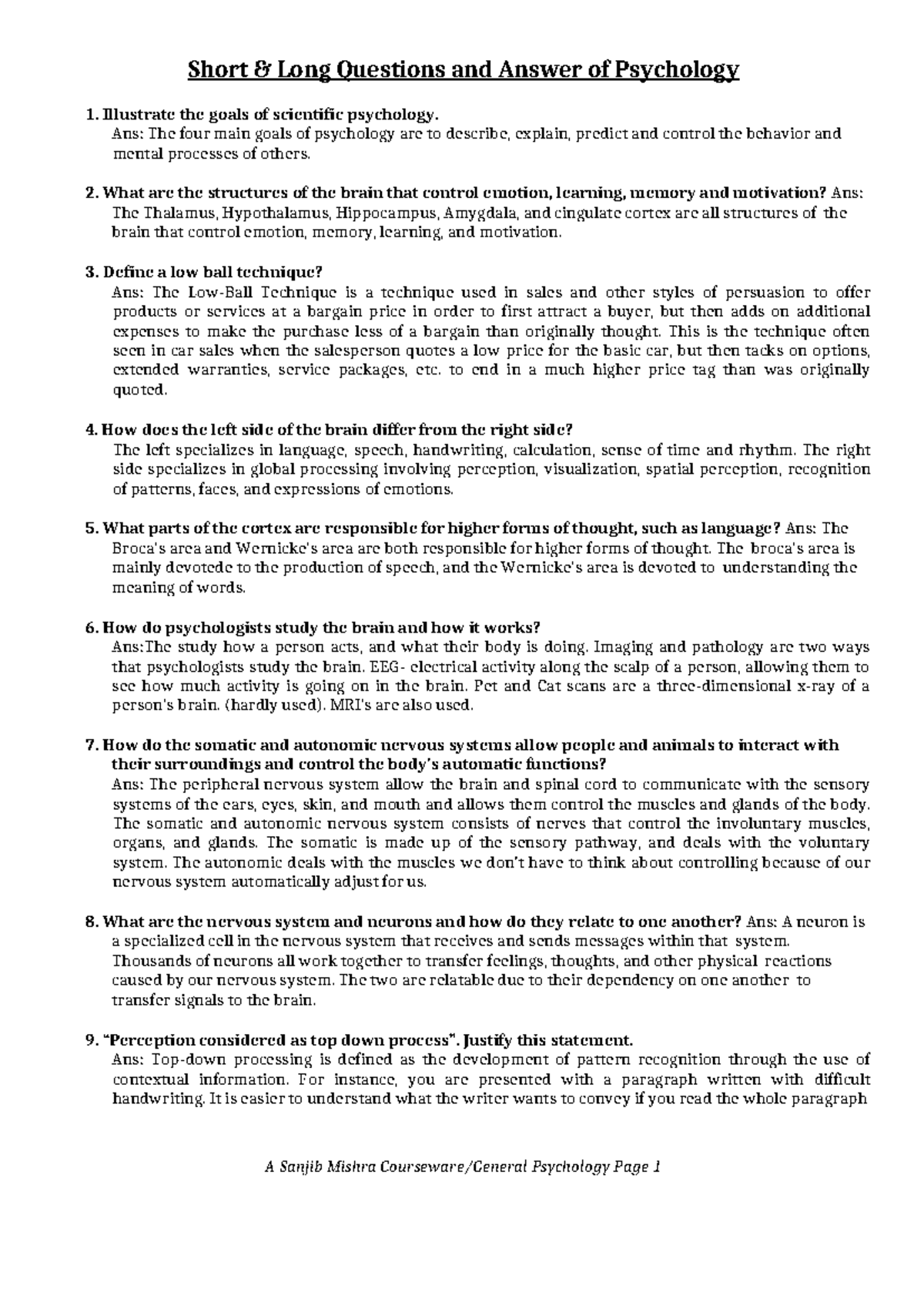 Psychology 2nd Sem: Short & Long Questions Answer Key - Studocu