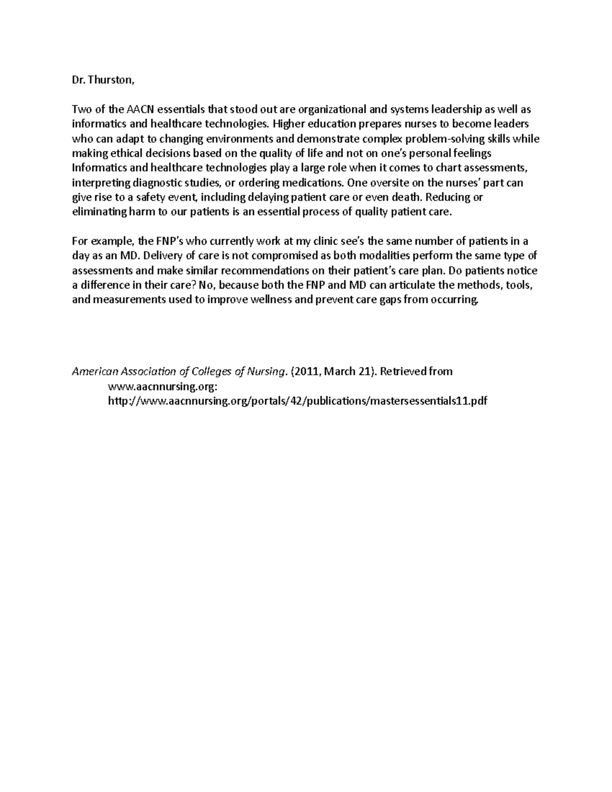NURS 502 Week 1 Response to Dr. Thurston on AACN Essentials - Studocu